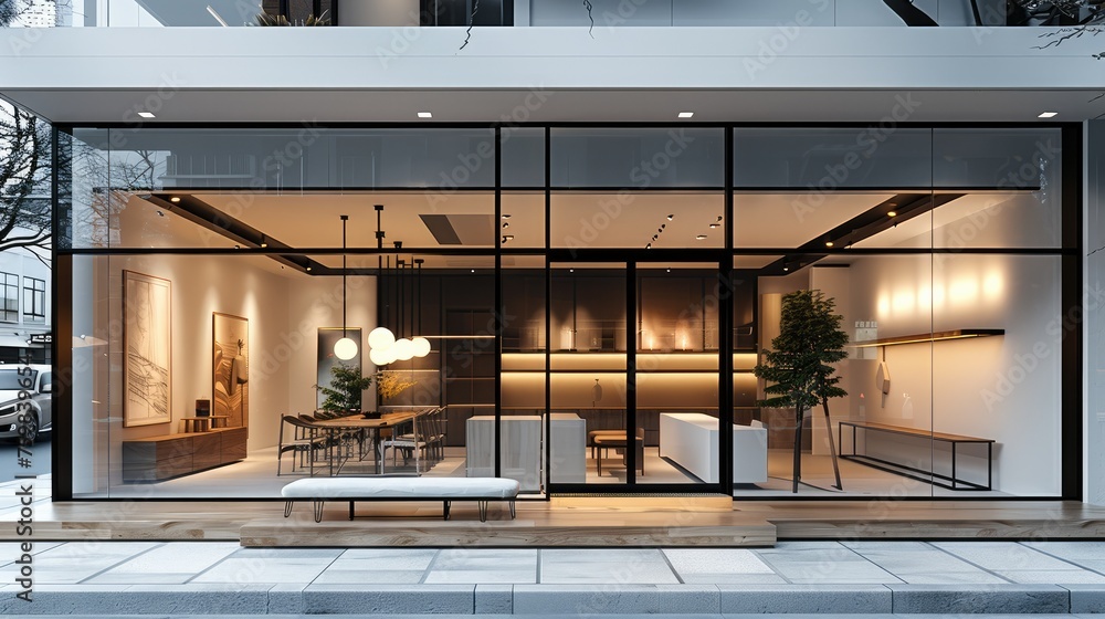 Storefront with white walls and black metal accents, glass windows ...