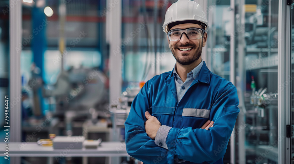 an industrial engineer wearing blue overalls and safety glasses ...