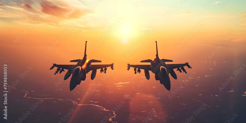 Striking image of two F16 fighter jets soaring against the sunset. Concept Jets, Fighter ...