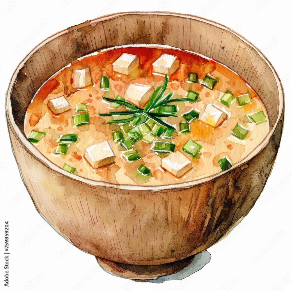 Hand-drawn illustration of a traditional Asian miso soup with tofu and ...