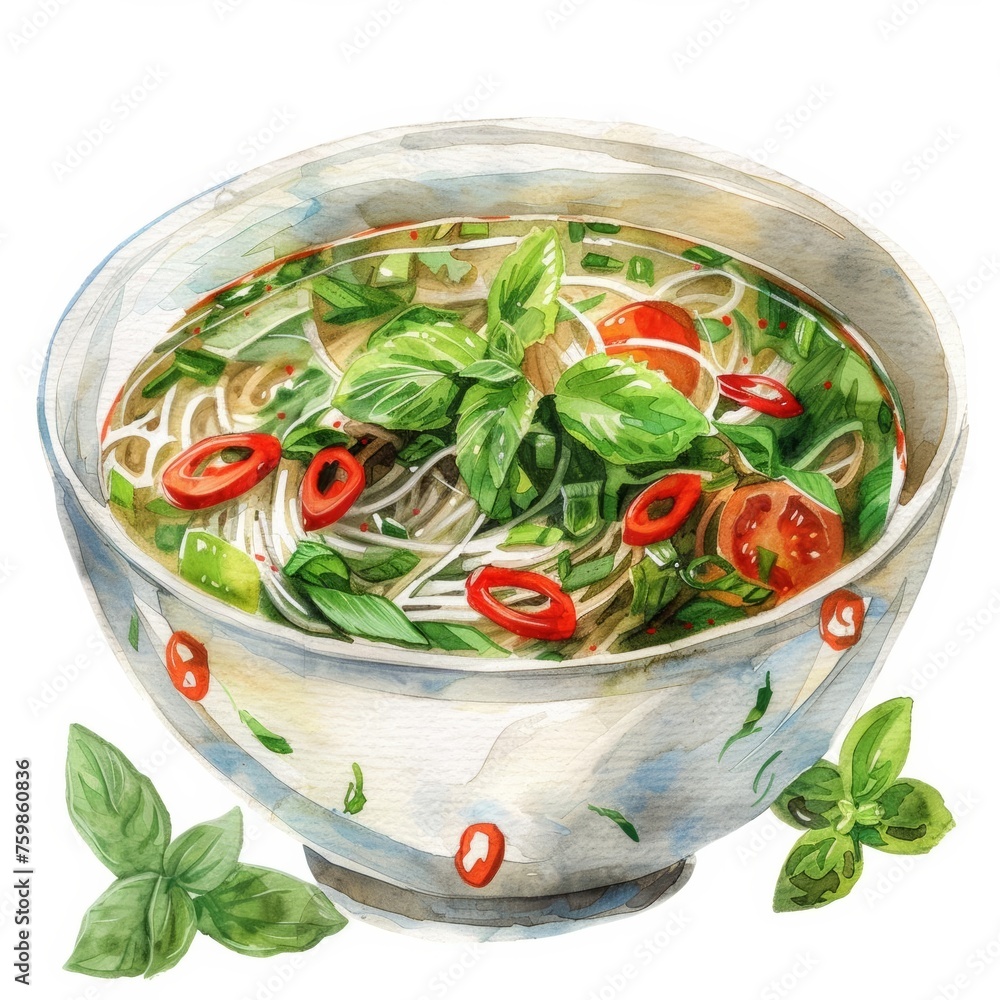 Watercolor illustration of a bowl of traditional Vietnamese pho soup ...