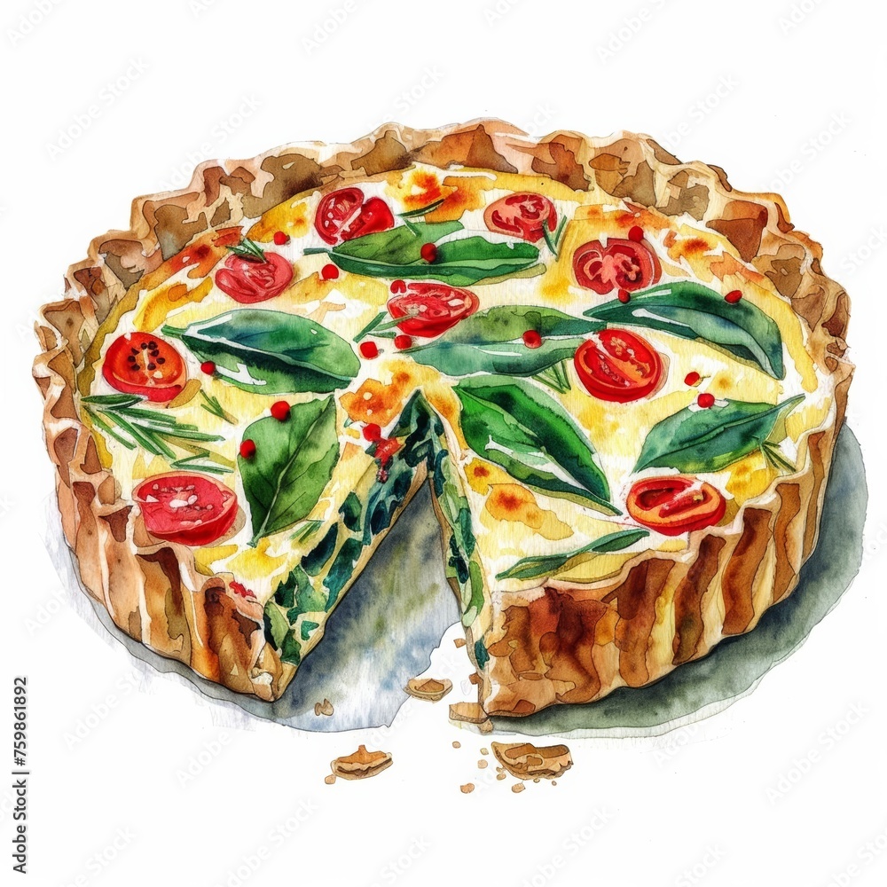 Hand-painted watercolor illustration of a fresh vegetable quiche with a ...