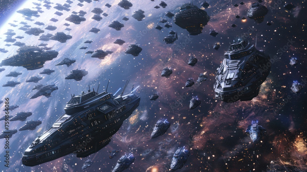 Fleet of spaceships with planets, movie and game characters AI ...