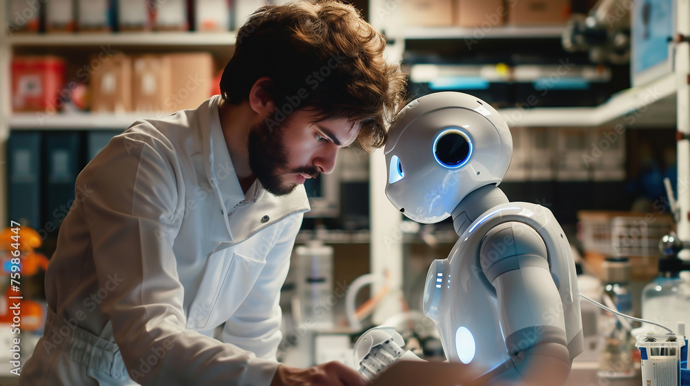 man and robot working together, automation and technology concept. A ...