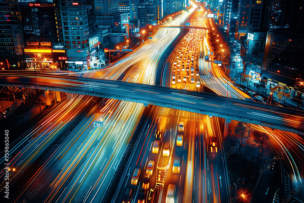 Skyline view of a traffic bottleneck on a multi-lane highway at night ...