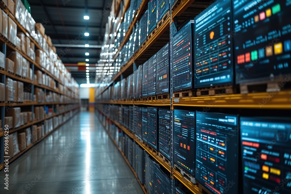 Vast warehouse aisles with electronic screens displaying digital ...