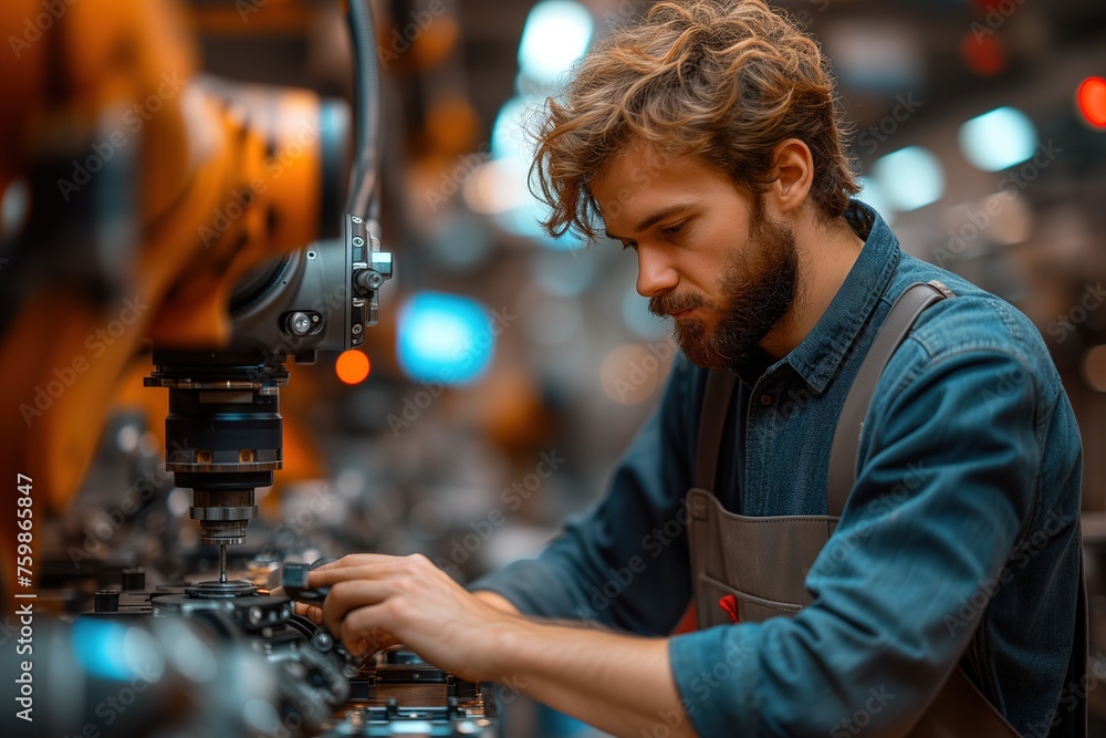 Worker operating a robotic arm at an advanced technology production hub ...
