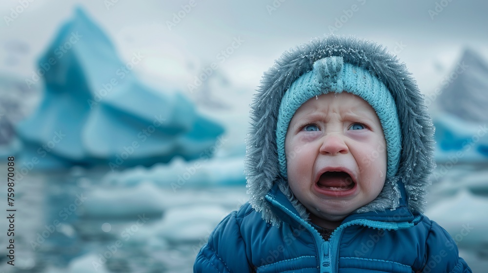 Crying infant with a background of melting glaciers, highlighting the ...