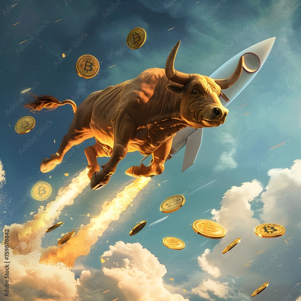 ฺBull Soaring Across Sky and rocket, Cartoon Illustration with Horse ...