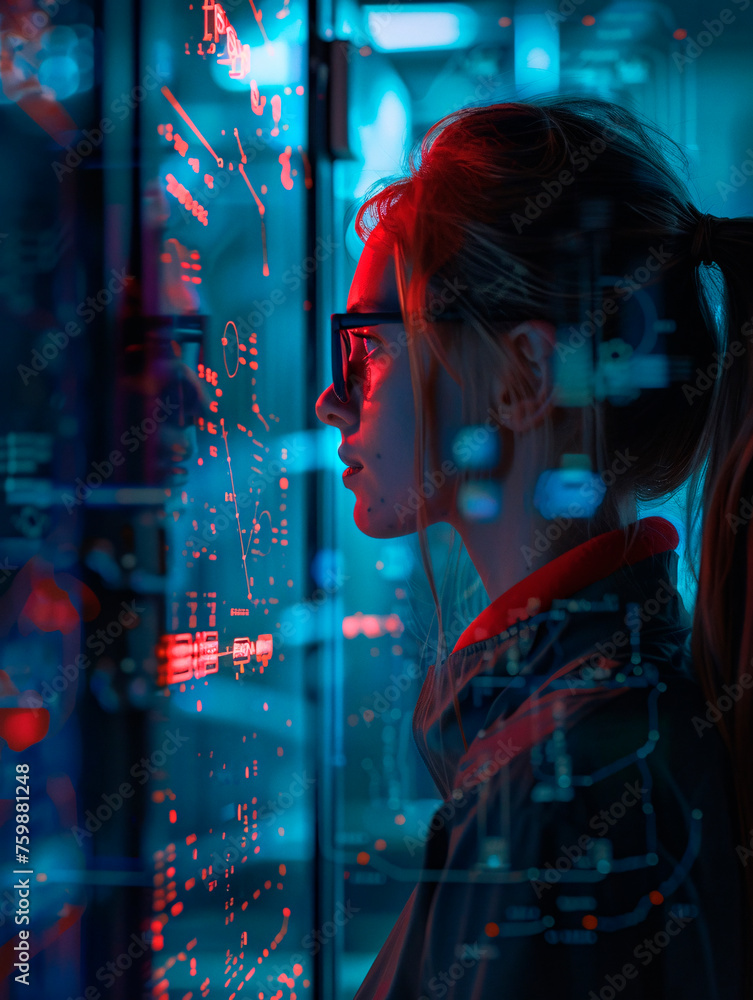 The image portrays a faceless person amid a data center filled with ...