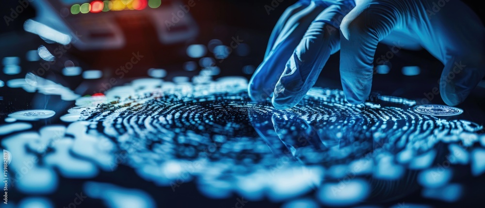 forensic expert uses fingerprint scanner crime scene enveloped in ...