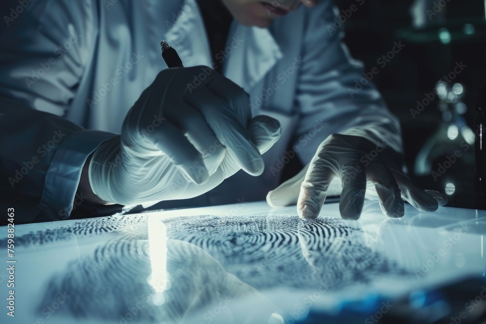 forensic expert concentrating on fingerprint scanner detailed crime ...