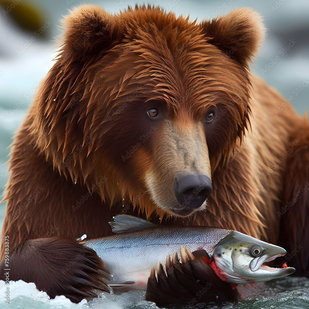 Alaskan Brown Bear with Salmon. brown bear portrait. portrait of a bear ...
