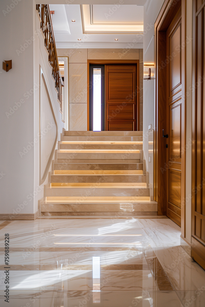 Design of stairs in a rich country house. Wooden staircase and marble ...