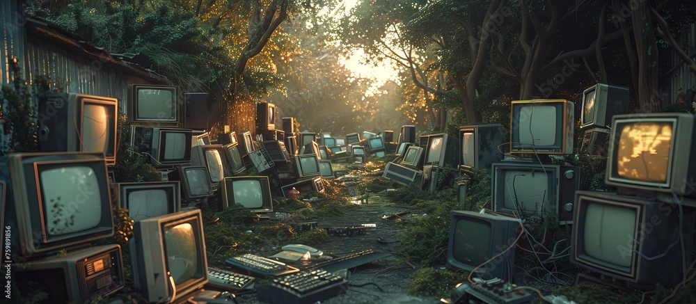 Many outdated computer monitors abandoned as a pile of garbage ...
