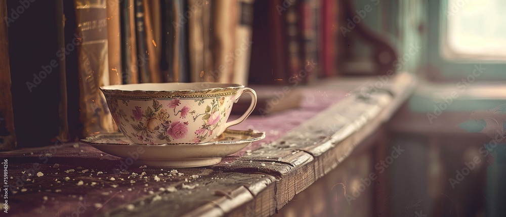 Vintage teacup, intricate floral pattern, telling forgotten tales as it ...