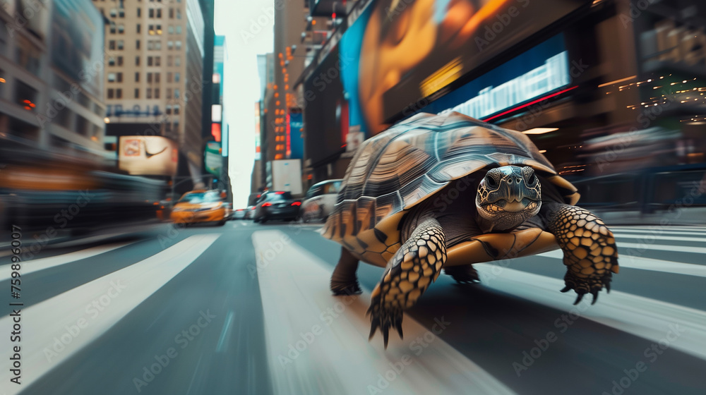 Turtle running extremely fast on busy city street. Side view of Turtle ...