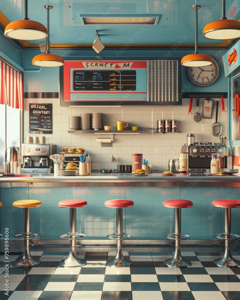 A 3D model of a diner kitchen from the 1960s, with a short-order cook ...