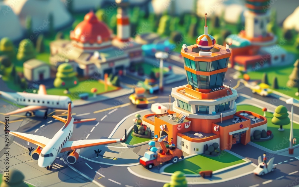 A 3D model of a cute, bustling airport with cartoonish planes and ...