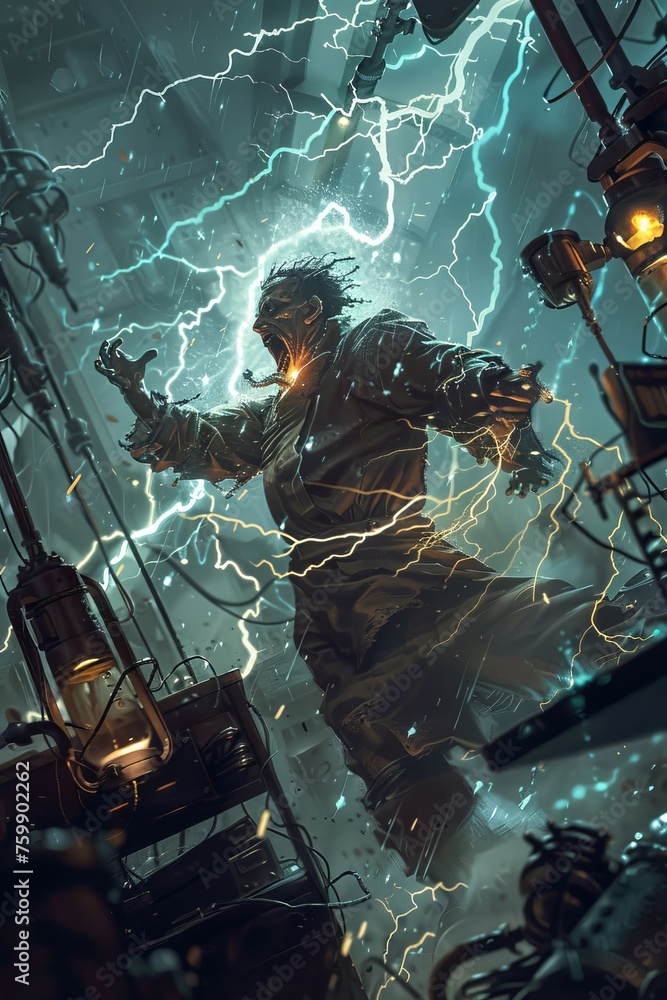 Frankenstein's monster in a lightning storm, lurching to life in a gothic laboratory, with ...