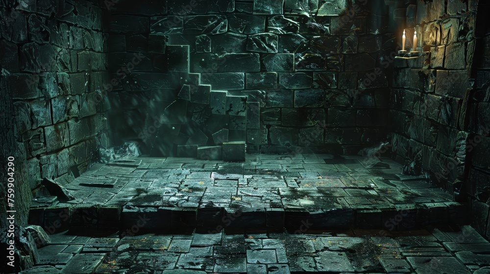 In a gothic dungeon, a stone staircase is dimly lit by flickering ...