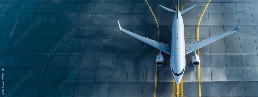 Overhead view of a passenger plane parked on wet tarmac A jet airliner ...