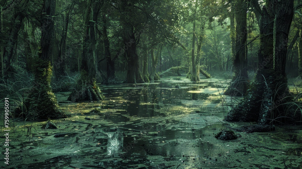 The tranquil beauty of a twilight swampland, where still waters mirror ...