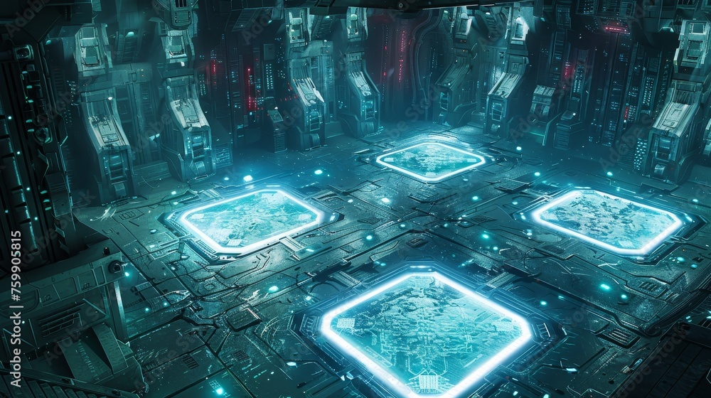 Inside a futuristic command center, holographic maps glow with data ...