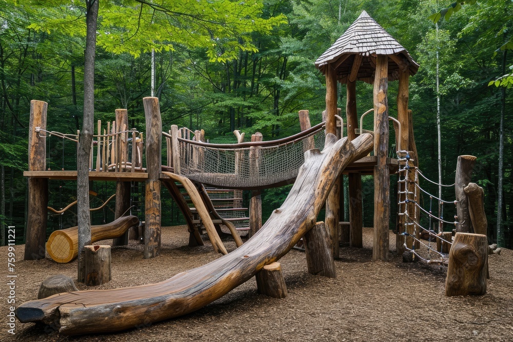 A wooden play area located in a forest, offering various activities for ...