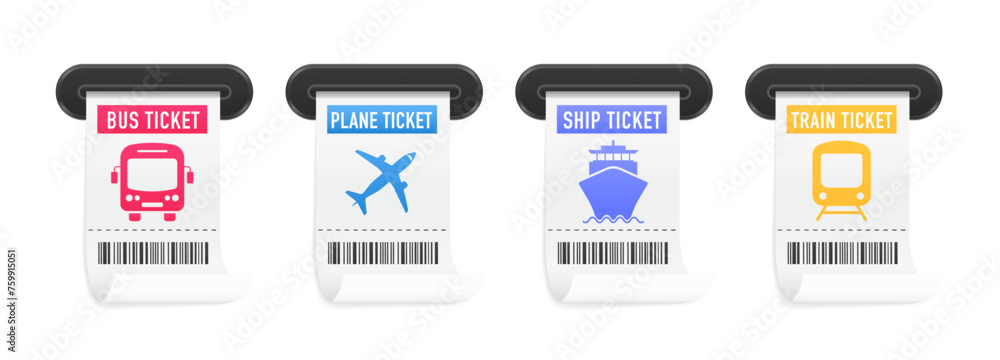 Travel tickets from ticket machine slot for bus, plane, ship and train ...
