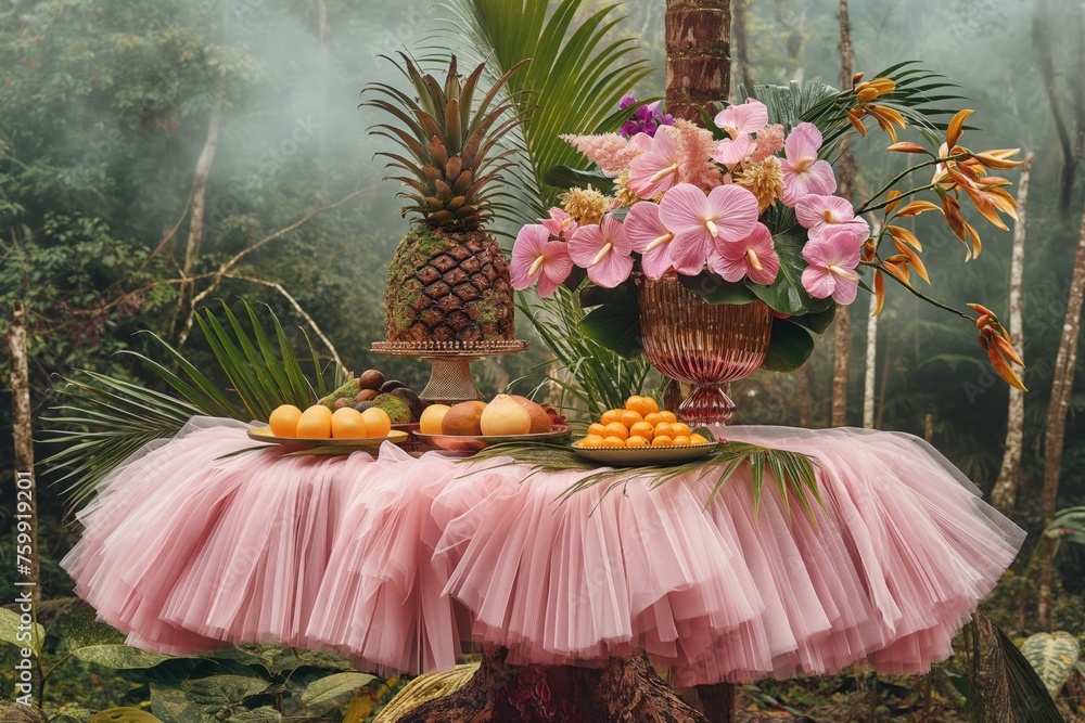Colorful fruits and blooms tastefully displayed on a frilly pink ...