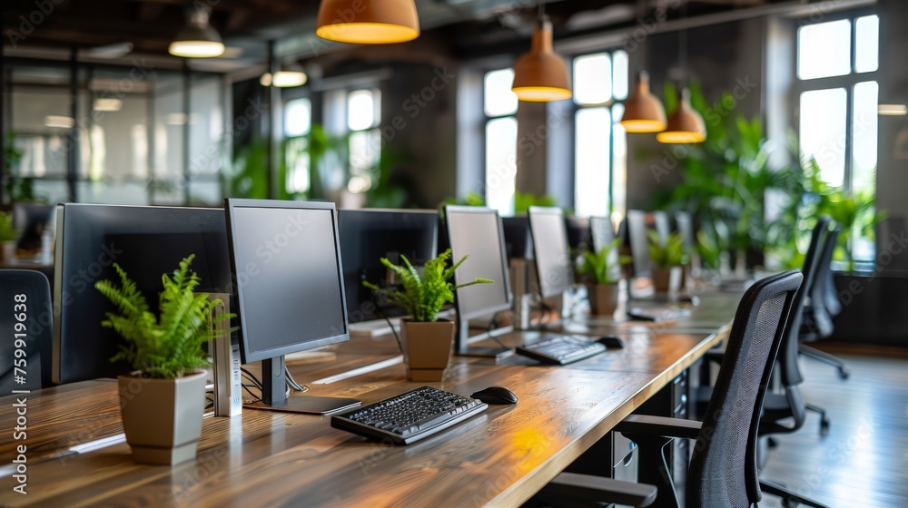 office desks, multiple workstations with computers placed on each desk ...
