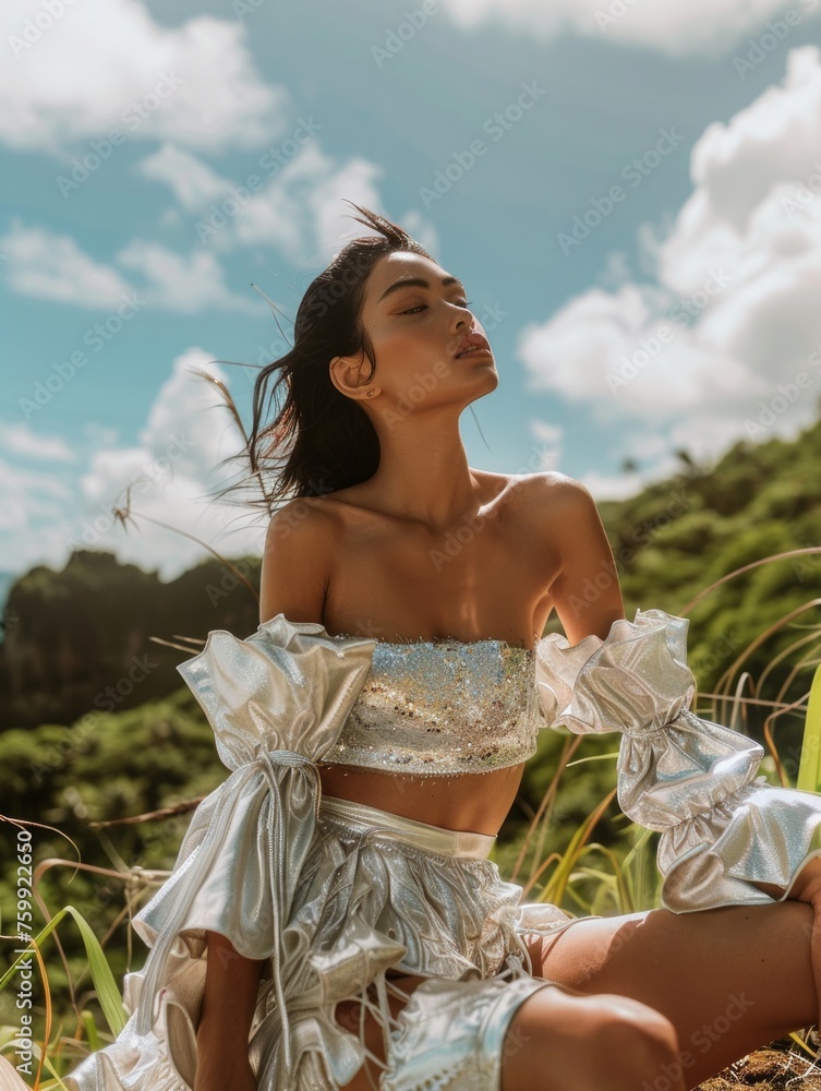 A woman poses in a shiny silver dress with puffy sleeves amid tropical greenery capturing a ...