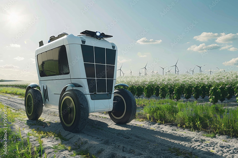 Solar powered agricultural robot industriously operating in the field ...