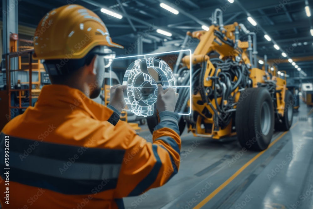 Showcasing predictive maintenance in factories, a factory worker views ...