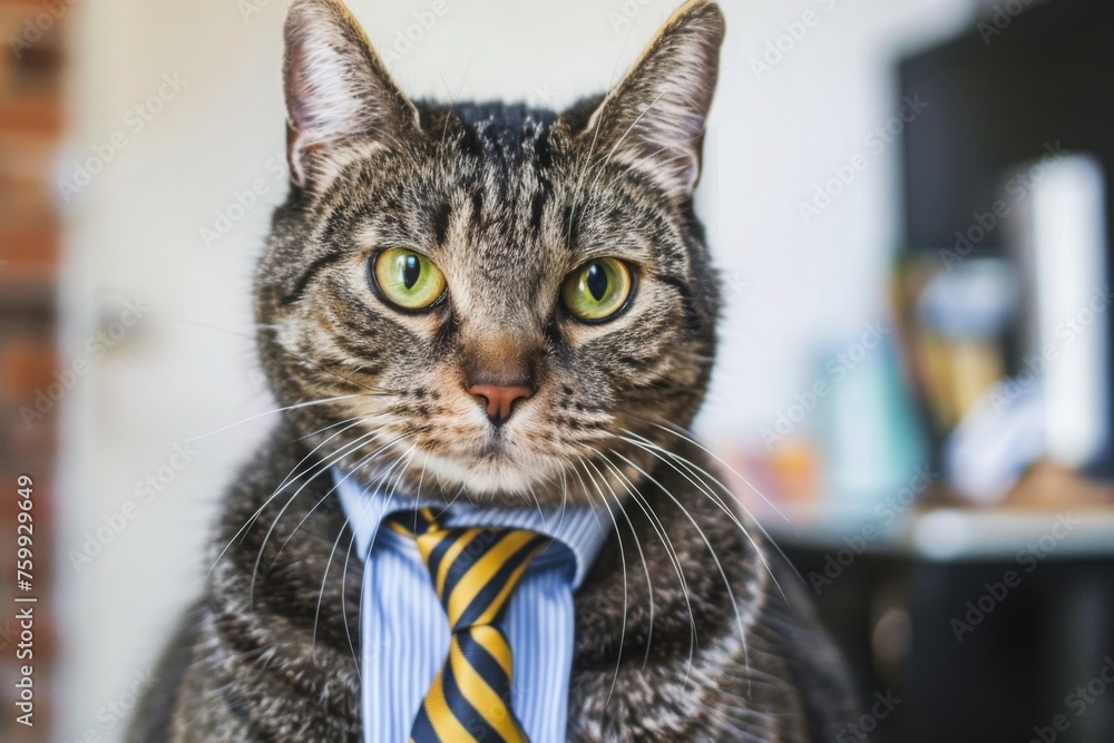Office with laughing cat dressed in a corporate clothing and tie. Home ...