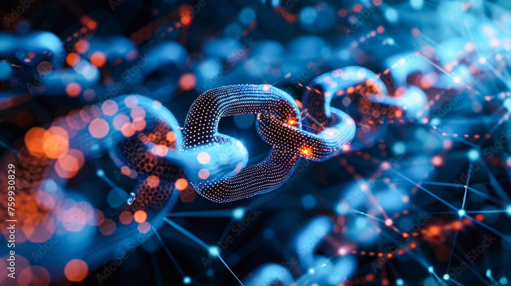 A chain of links is shown in a blue and orange color scheme. The chain ...