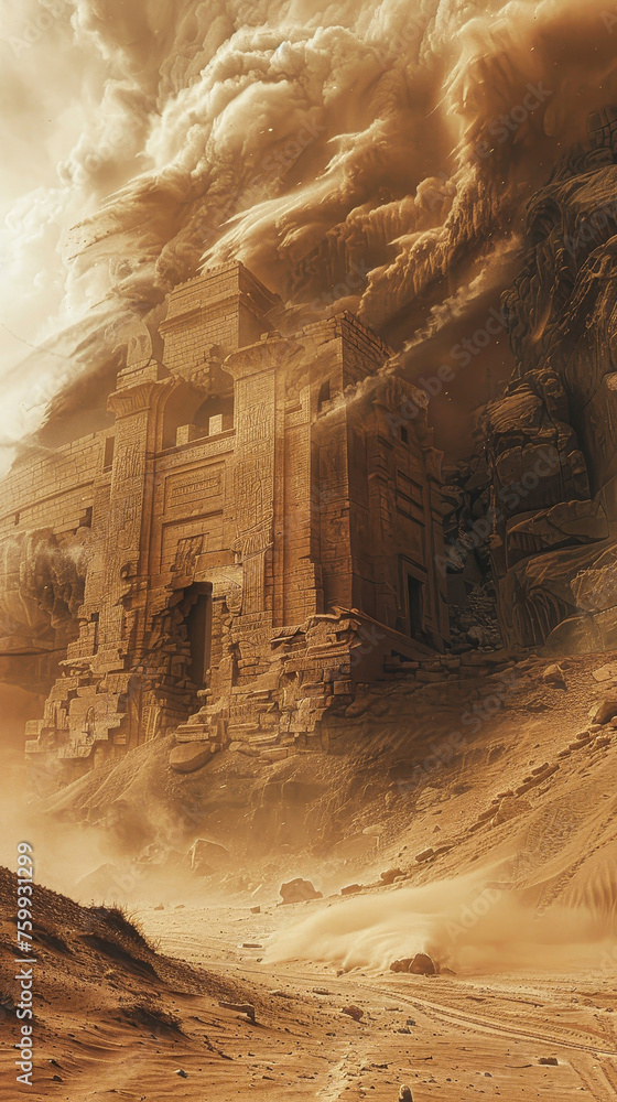 A desolate desert landscape with a crumbling castle in the distance ...