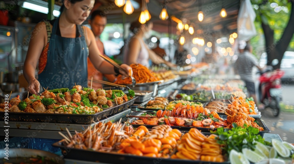 A local food market scene, with vendors from various cultures selling ...