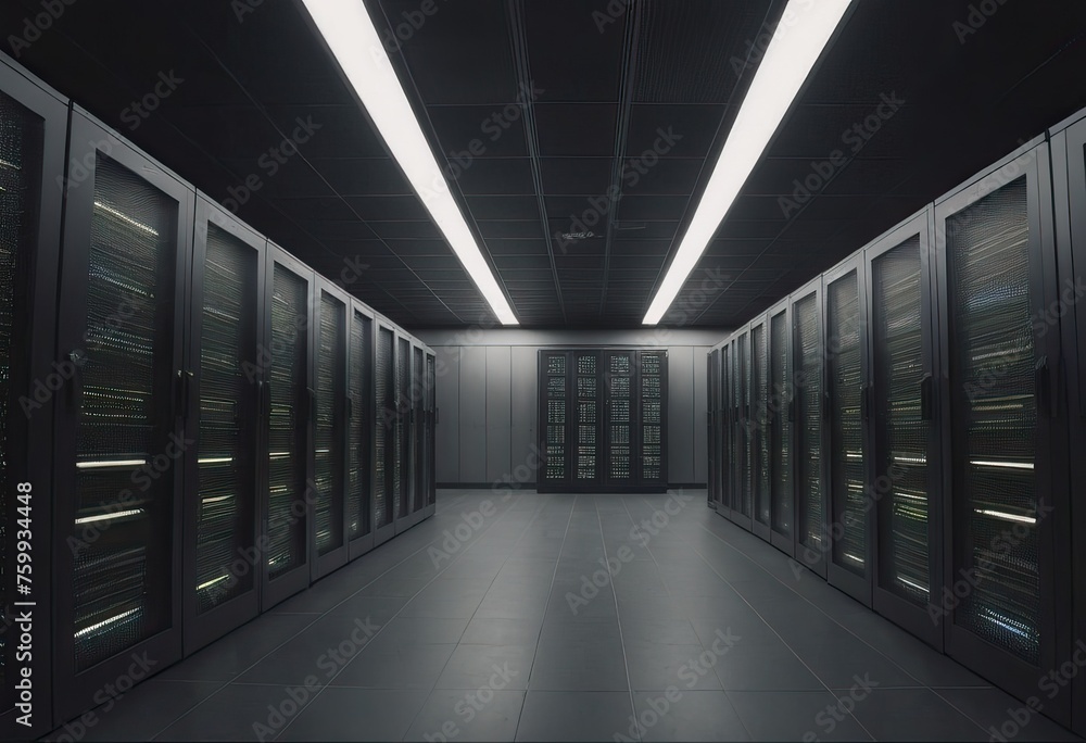 Futuristic background image of rack server with blinking lights in supercomputer, copy space ...
