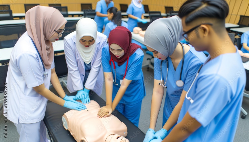 Nursing students practicing CPR techniques on a manikin as part of ...