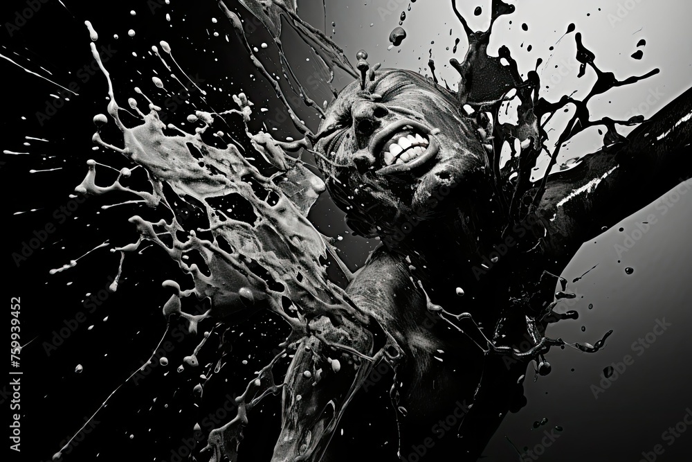 Man screaming with water splashing around him. Man with schizophrenia ...