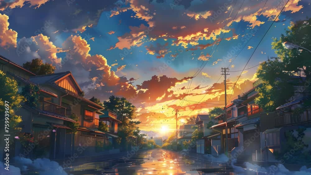 Vidéo Stock Anime street view with the setting sun casting a golden hue ...
