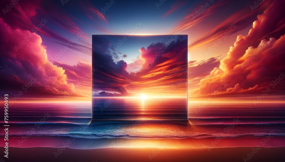 Surreal Sunset Portal: A Square Gateway Opening to a Vivid Sky and Reflective Ocean, Blurring ...