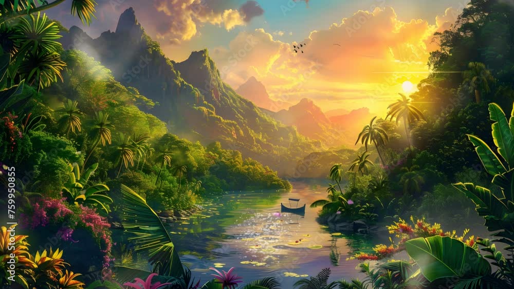 Serene tropical river setting featuring a boat floating among verdant ...