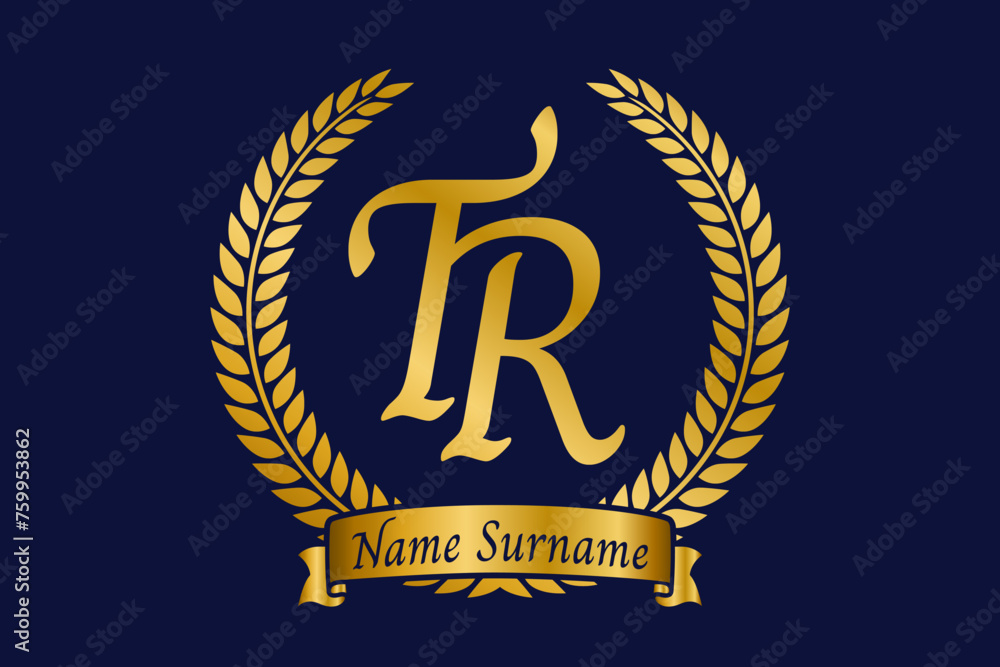 Initial letter T and R, TR monogram logo design with laurel wreath ...