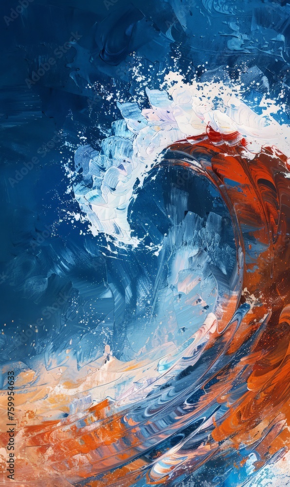 A dynamic painting capturing the power and movement of a wave crashing ...