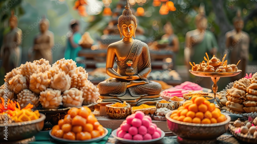At a Buddhist temple, worshippers offer food as an act of reverence ...