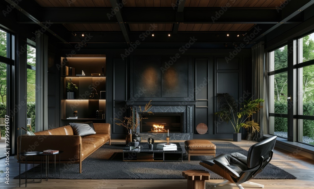 Modern interior design subtle living room with fireplace, color scheme ...