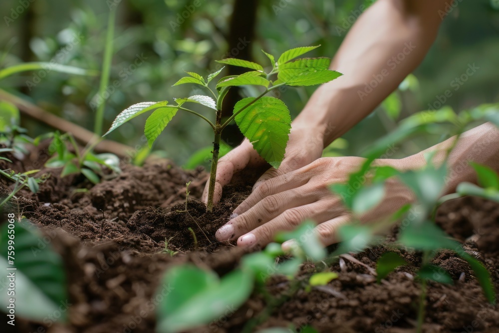 Hands planting a tree sapling sprout into the soil, Earth Day, close up ...